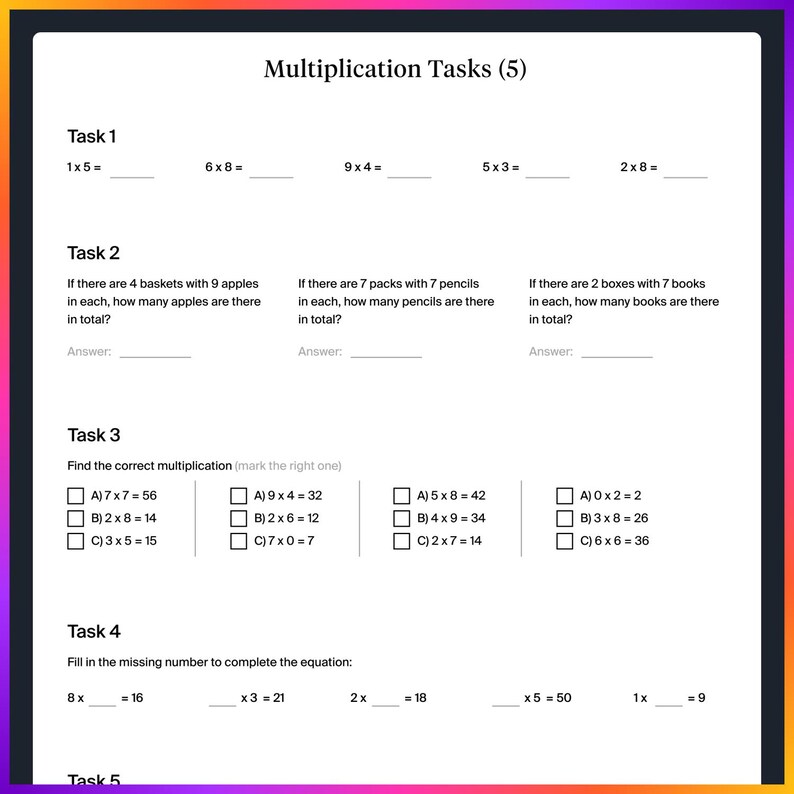 Multiplication Tasks Worksheets | Printable Math Practice for 2nd and ...