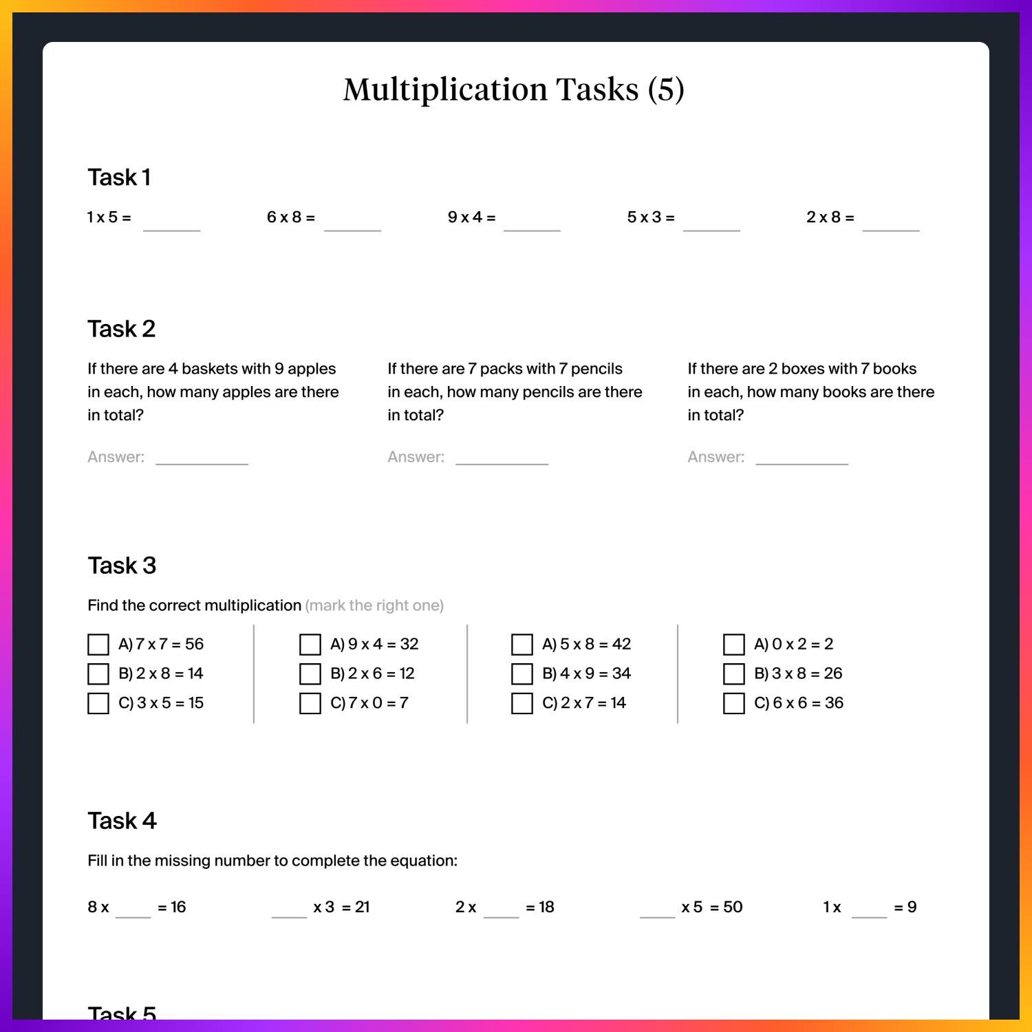 Multiplication Tasks Worksheets | Printable Math Practice for 2nd and ...