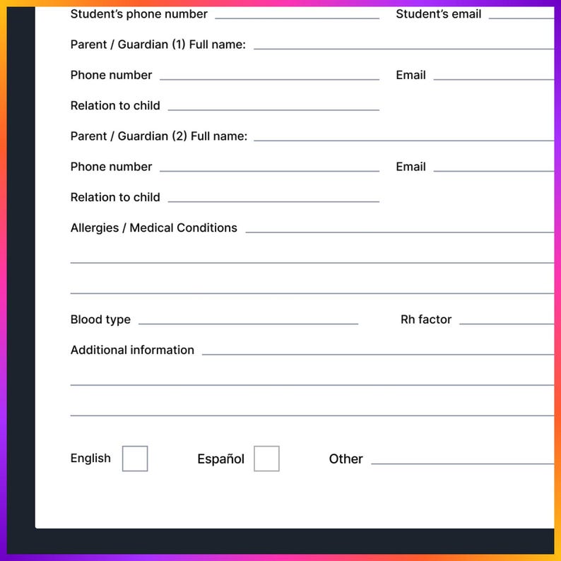Student's Personal Data Card | Printable Student Information Sheet for ...