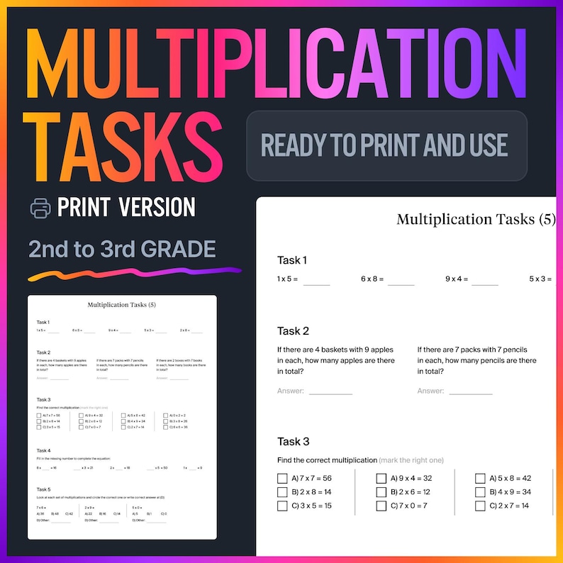 Multiplication Tasks Worksheets | Printable Math Practice for 2nd and ...