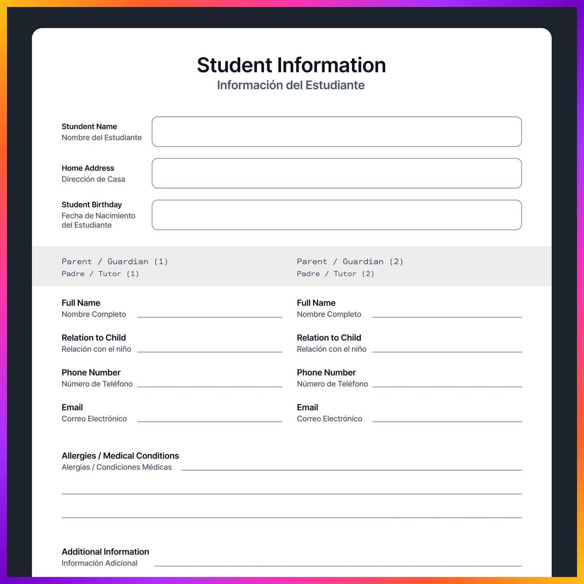 Student and Family Information Form - Bilingual (english and Spanish ...