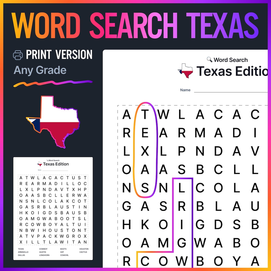 Texas Word Search Puzzle for Kids | Printable Activity Game | Instant ...