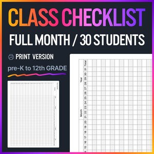 Monthly Class Checklist for Teachers | Printable Attendance, Task ...