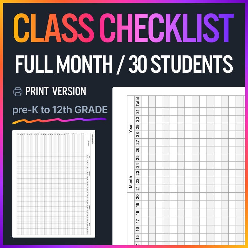 Monthly Class Checklist - Tracking Student Attendance and Task ...