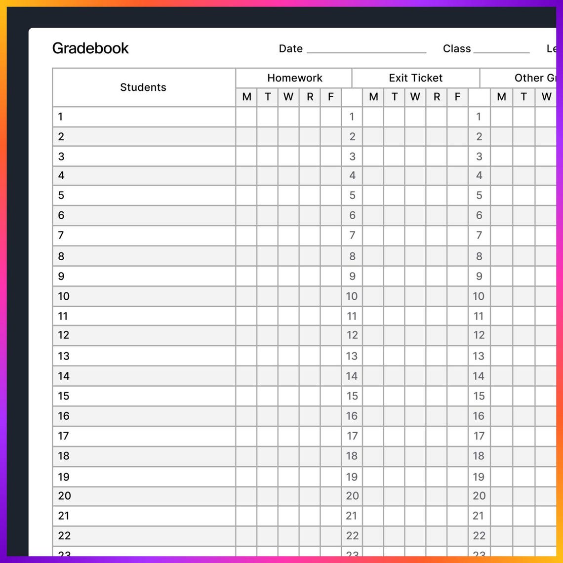 Printable Gradebook Tracker: Homework, Exit Tickets, Grades (digital ...