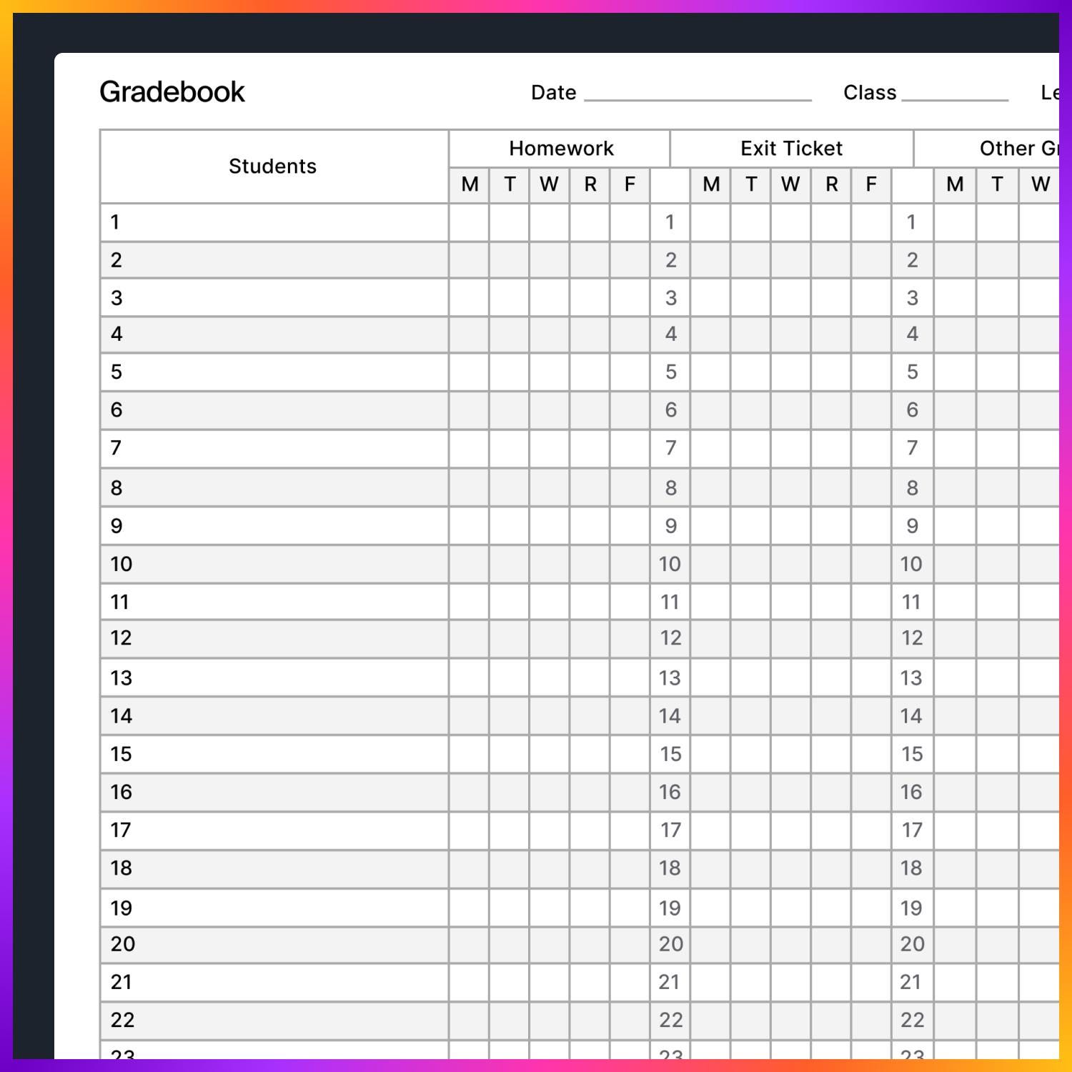 Class Record Sheet Gradebook Tracker for Homework and Exit Ticket ...