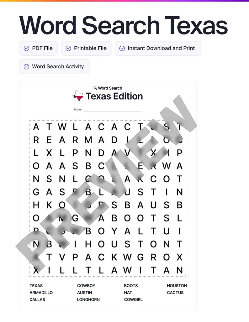 Texas Word Search Puzzle: Printable Activity Game (digital Download) - Etsy