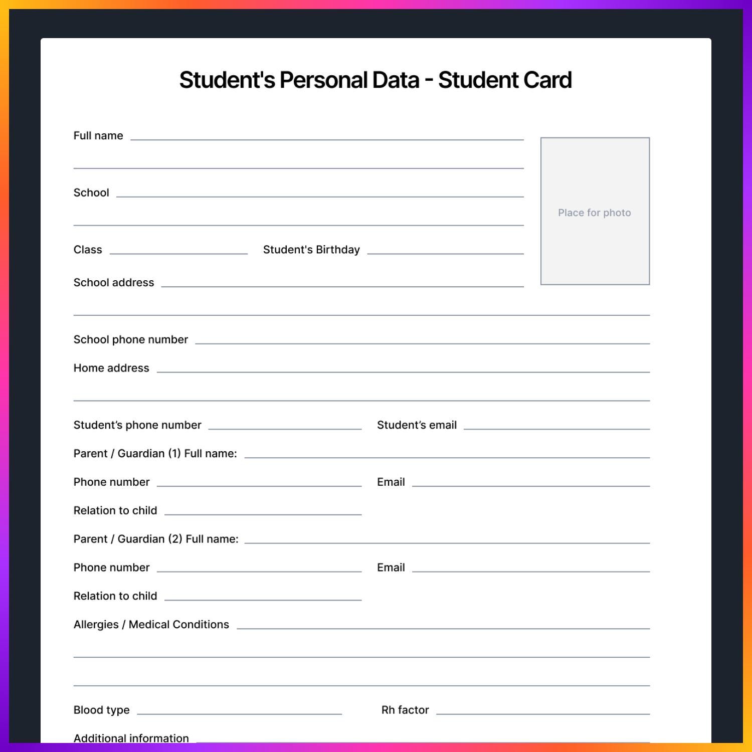 Student's Personal Data Card | Printable Student Information Sheet for ...