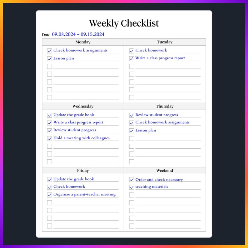 Weekly and Daily Checklist | Printable Task Organizer | To-do List for ...