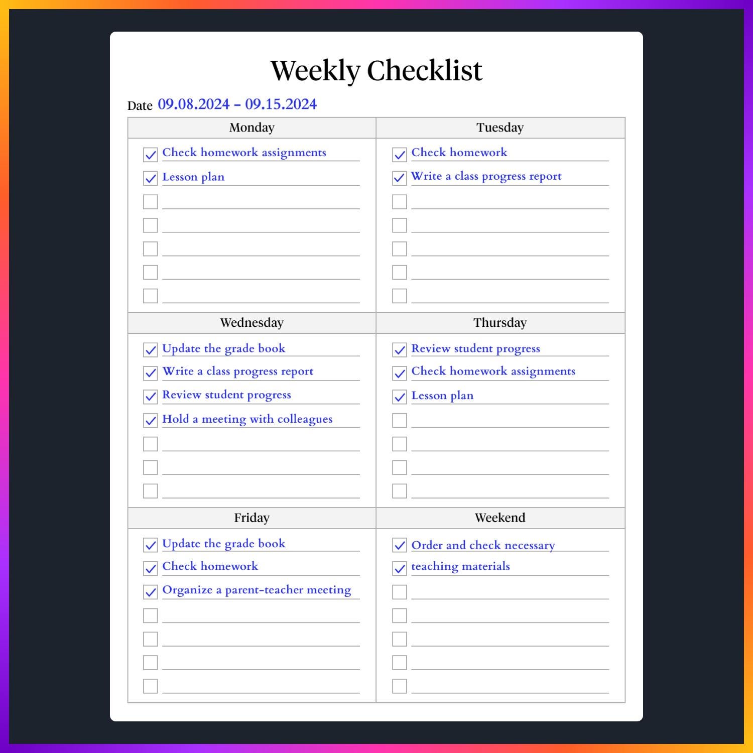 Weekly and Daily Checklist | Printable Task Organizer | To-do List for ...