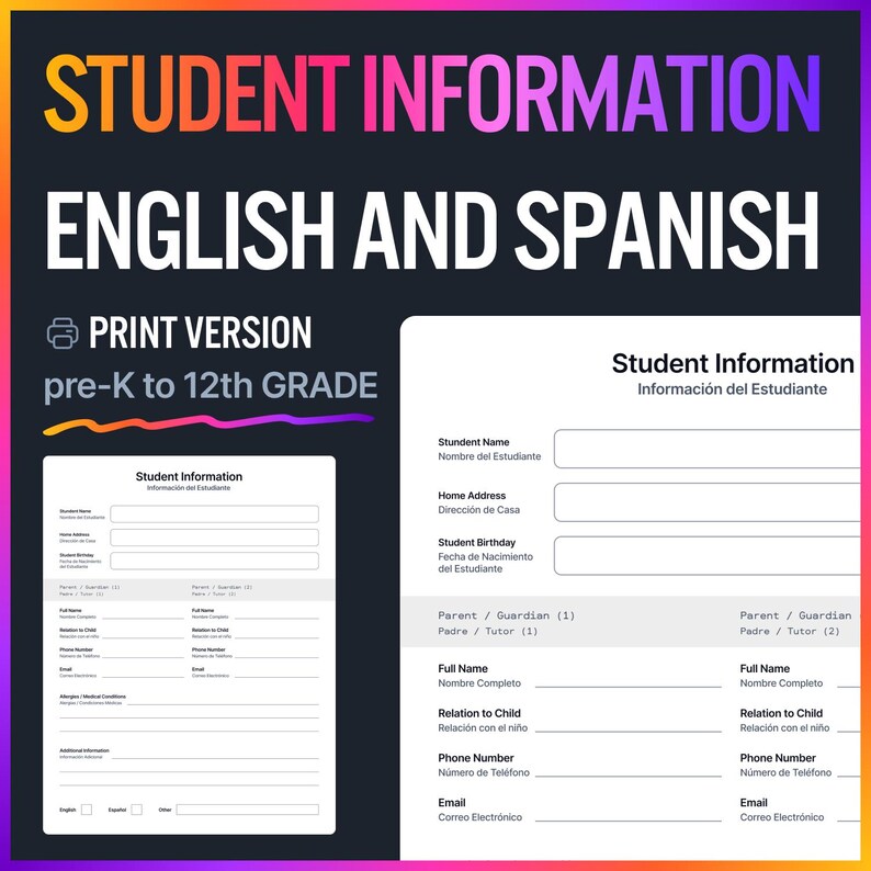 Student and Family Information Form - Bilingual (english and Spanish ...