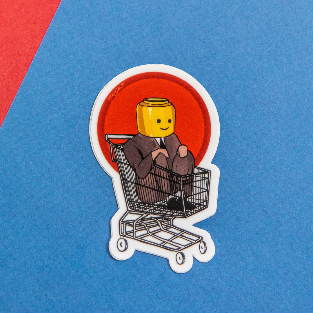 Toy Man in Shopping Cart Sticker. Vinyl Sticker. Waterproof Sticker ...