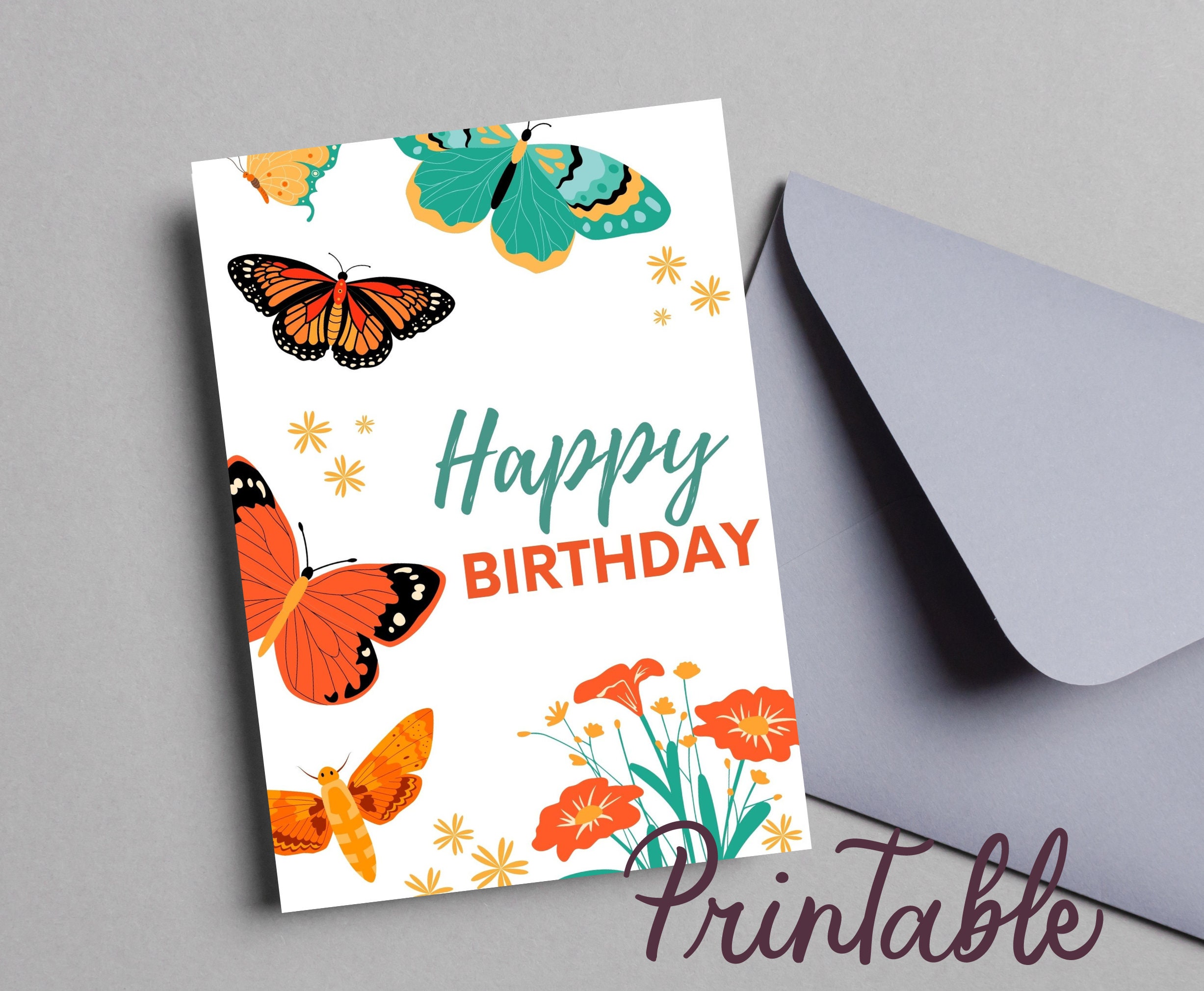 Happy Butterflies Birthday Greeting Card, Printable Card With Envelope ...