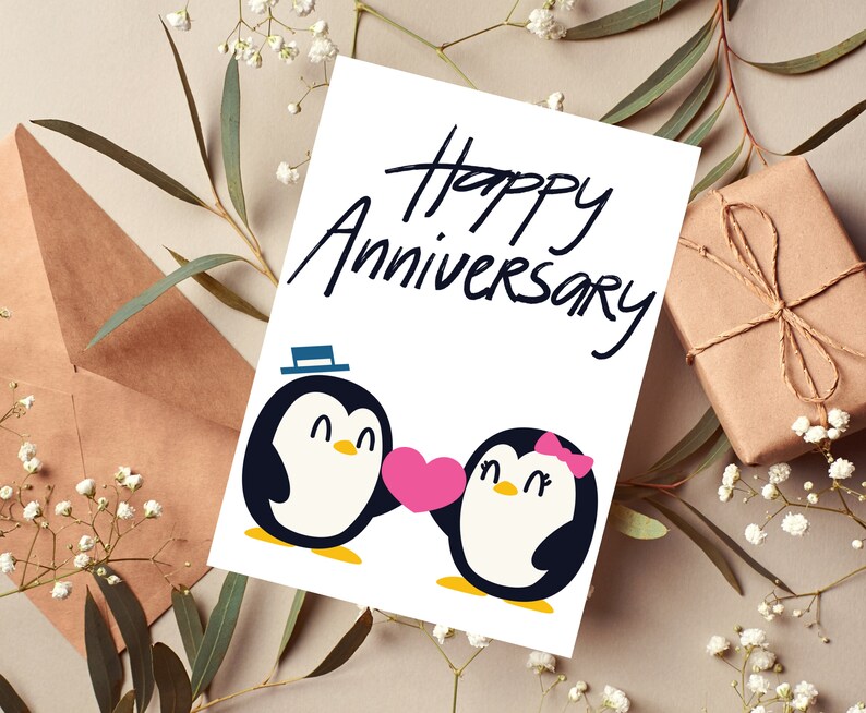 Happy Anniversary Penguin Love. Printable Card With Envelope Template ...
