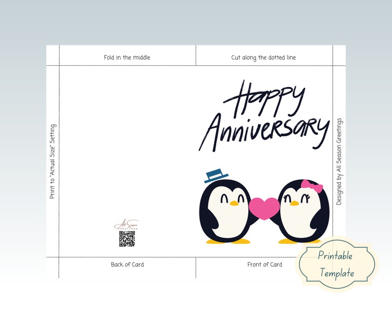 Happy Anniversary Penguin Love. Printable Card With Envelope Template ...
