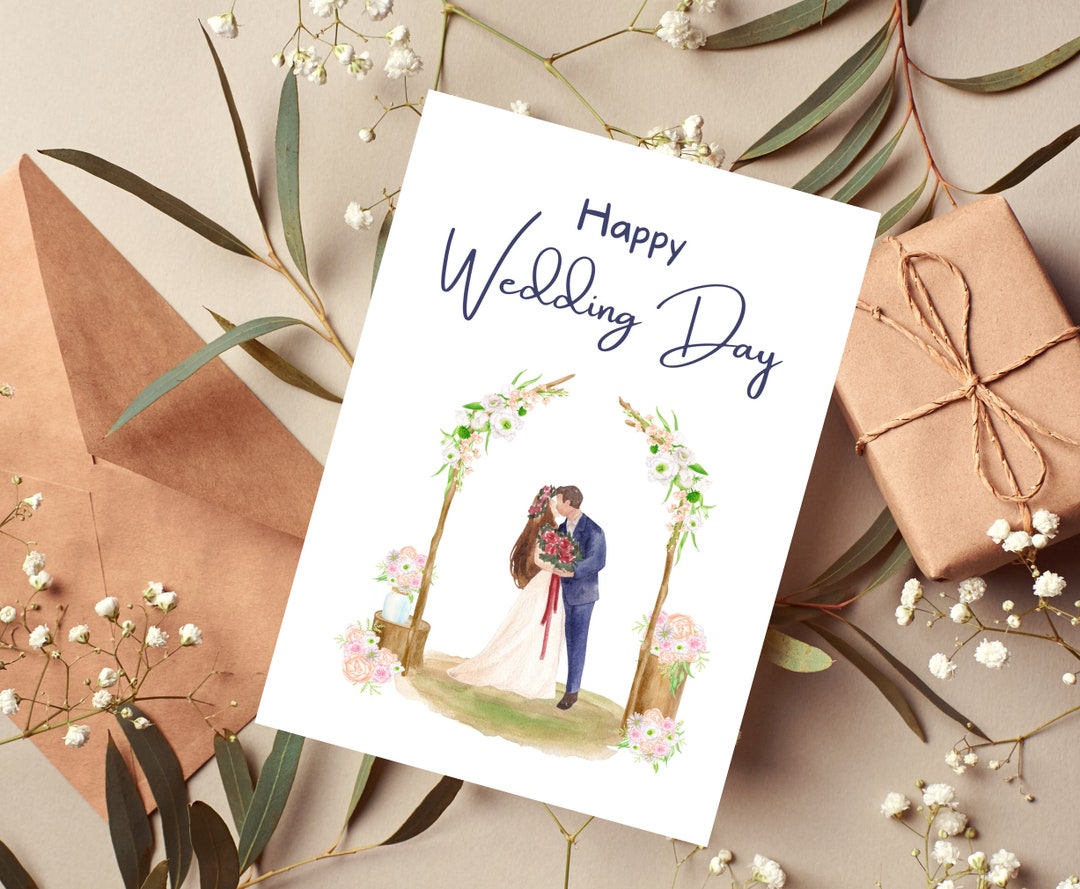 Wedding Day Card: Romantic Newlyweds Illustration (PDF Template) - Etsy