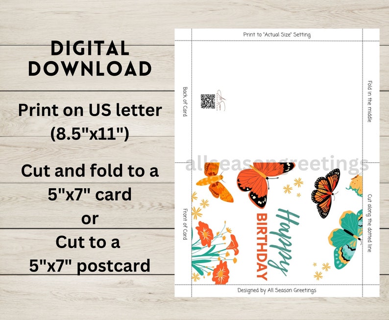 Happy Butterflies Birthday Greeting Card, Printable Card With Envelope ...
