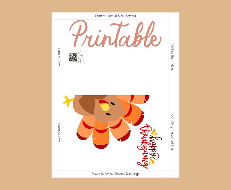 Happy Thanksgiving Turkey Printable 5x7 Card and A7 Envelope Template ...