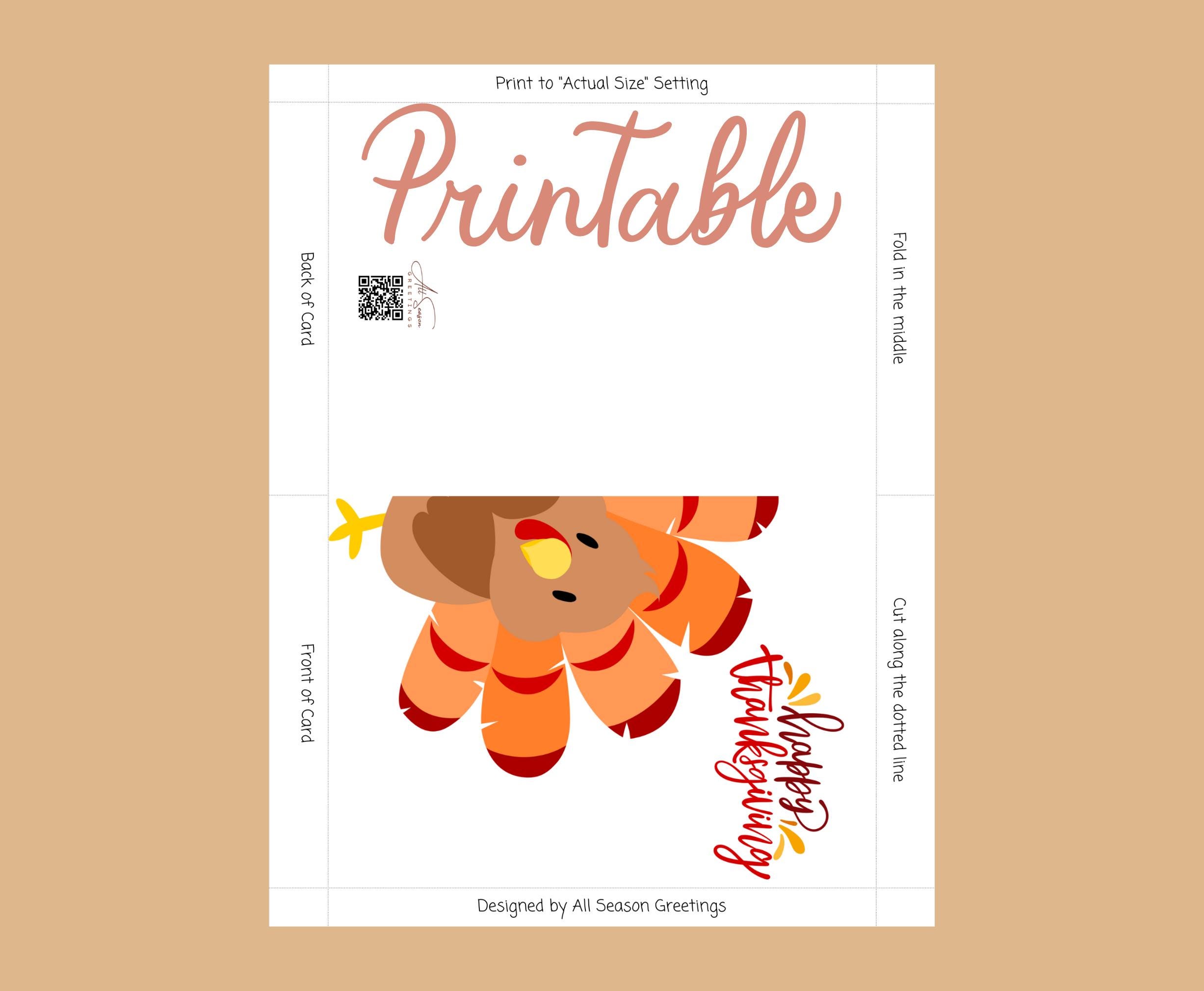 Happy Thanksgiving Turkey Printable 5x7 Card and A7 Envelope Template ...