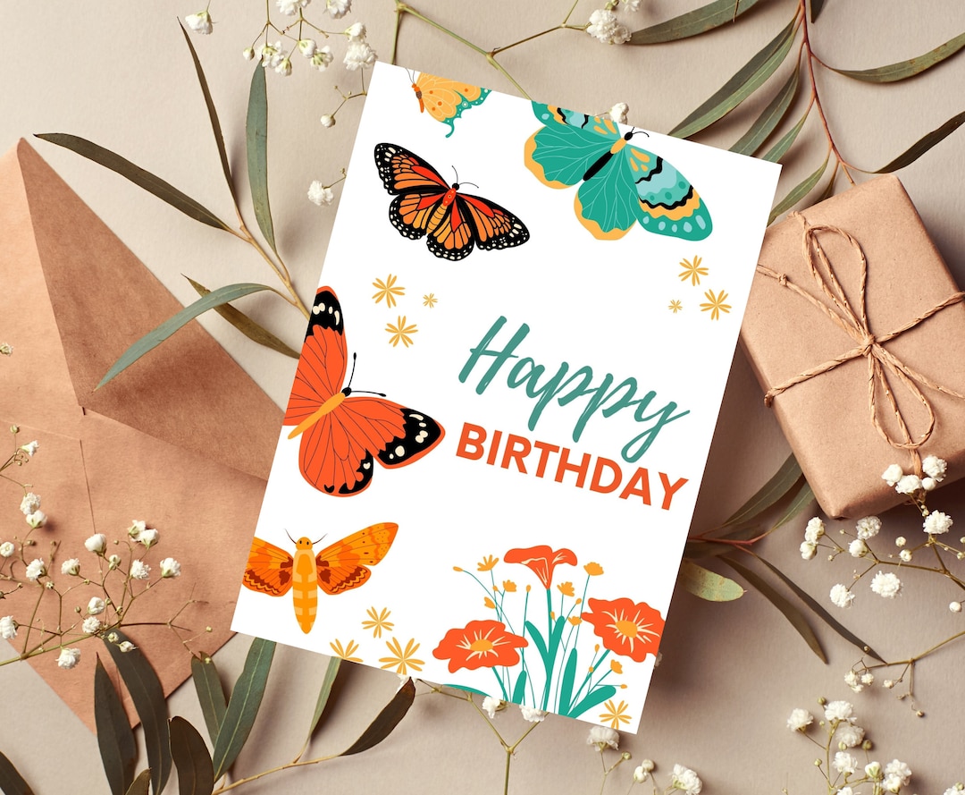 Happy Butterflies Birthday Greeting Card, Printable Card With Envelope ...