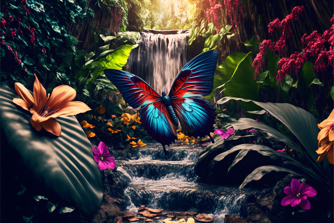 Beautiful Butterfly Garden Waterfall Art Print - Etsy