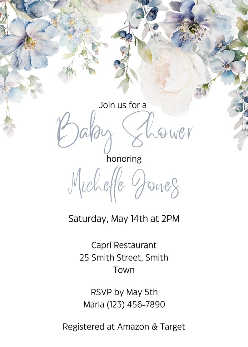 Editable Baby Shower Invitation, Blue Flowers Baby Shower Invitation ...