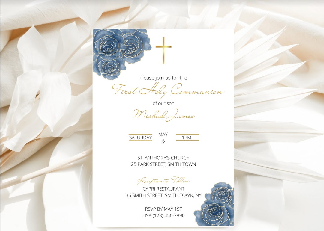 Boys First Holy Communion, First Communion Invitations, Blue With Gold ...