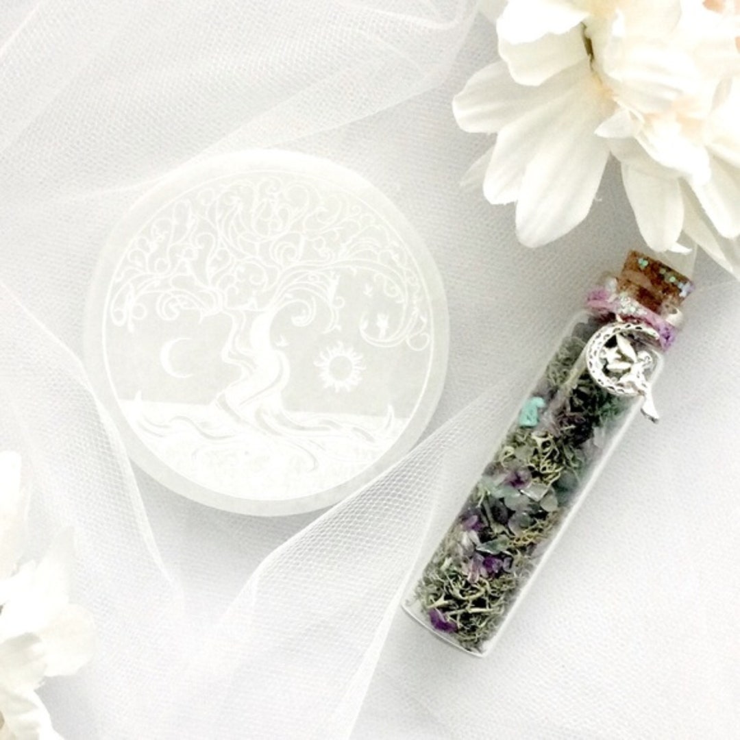 Tree of Life Selenite Charging Disc & Fairy Spell Jar Set - Etsy