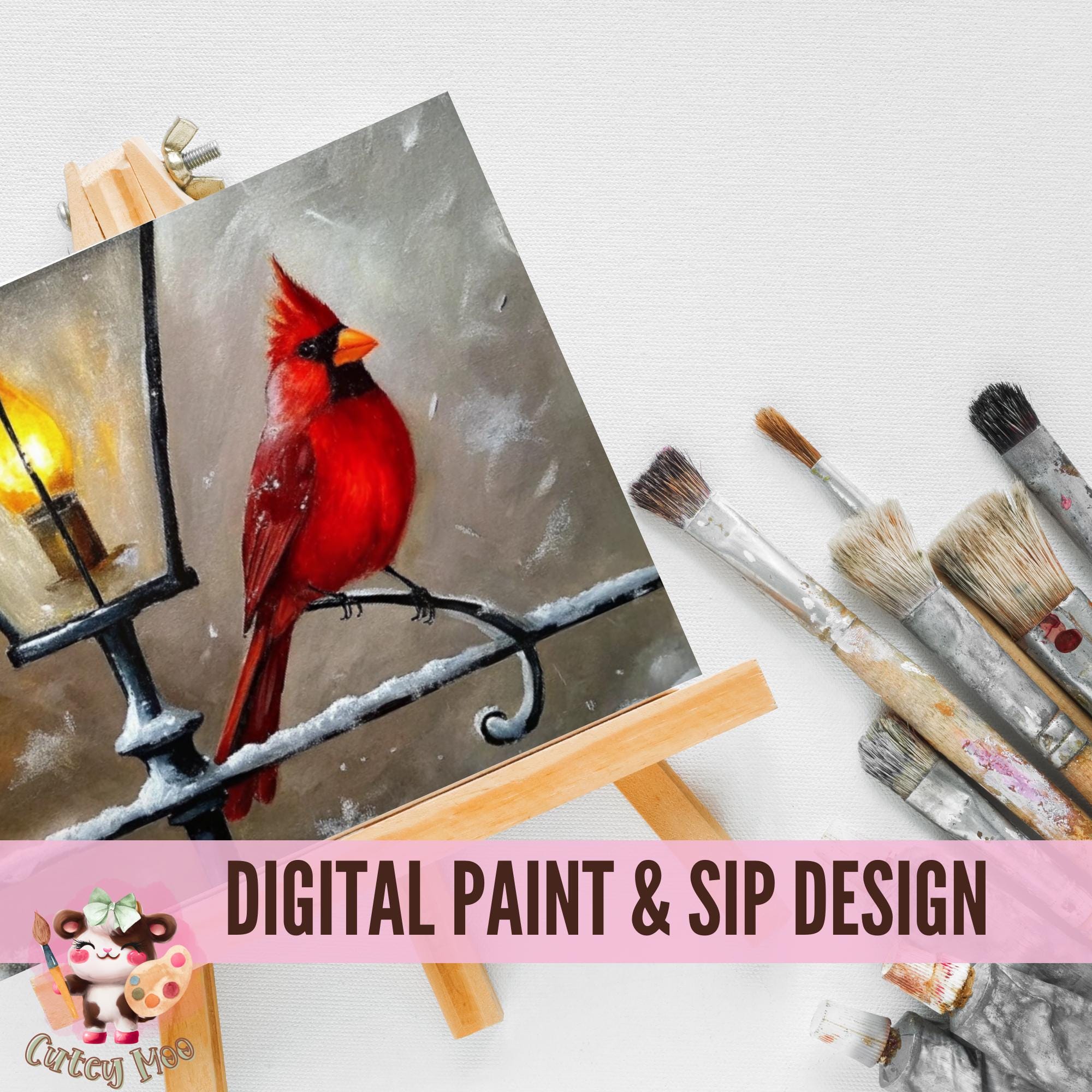 Red Cardinal Sip and Paint Party Kit Canvas, Winter Pre Drawn Template ...