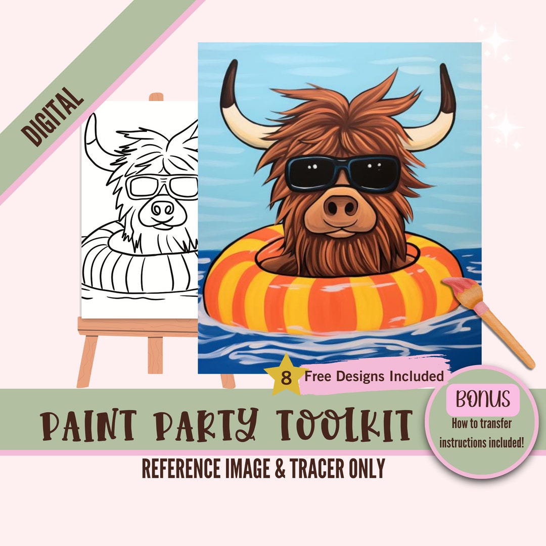 Highland Cow Summer Outline, Paint Party Sublimation PNG Tracer Design ...