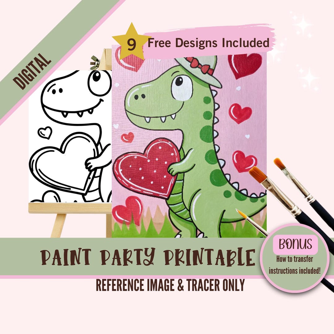 Printable Valentine's Day Dino Paint Party Kit - Pre-drawn Sip and ...