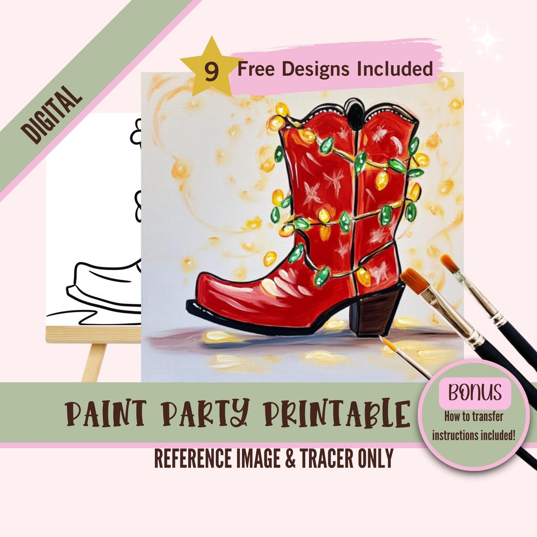 Holiday Cowgirl Boot Sip and Paint Party Kit Canvas, Pre Drawn Template ...
