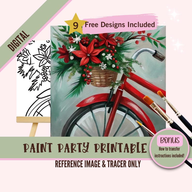 Holiday Bike Sip and Paint Party Kit Canvas, Pre Drawn Template for DIY ...