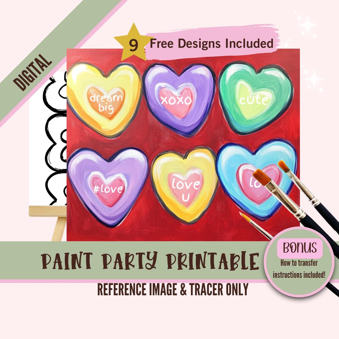 Valentine's Day Conversation Hearts Paint Party Printable, Canvas Art ...