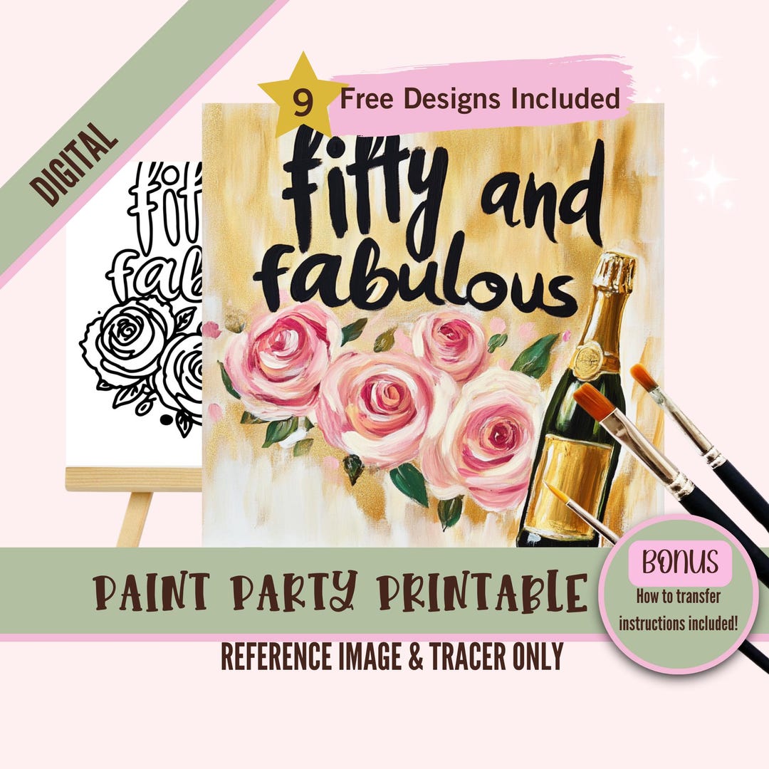 Fifty and Fabulous Sip and Paint Party Kit Canvas, Pre Drawn Template ...