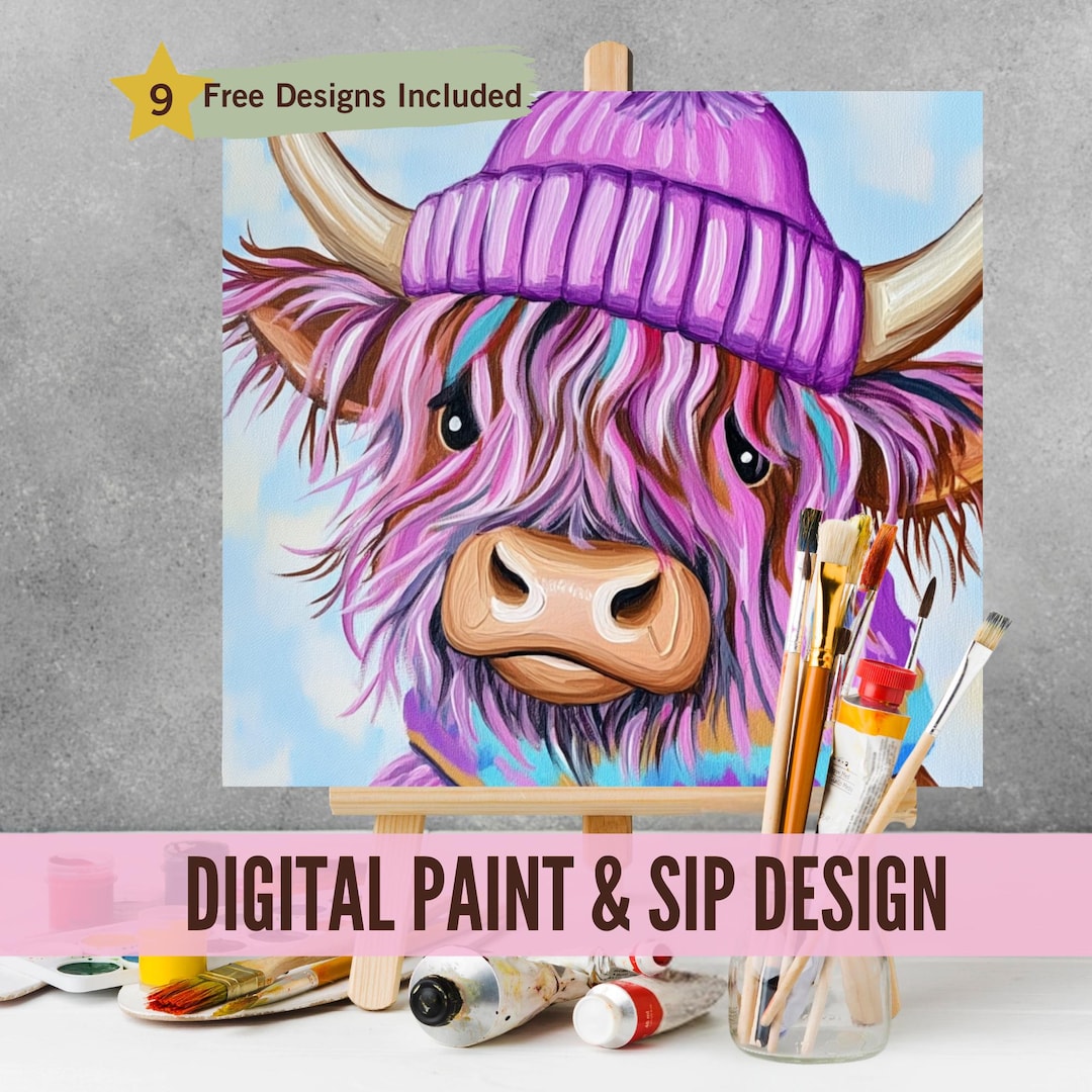 Cute Highland Cow Sip and Paint Downloadable Stencil Art, DIY Acrylic ...