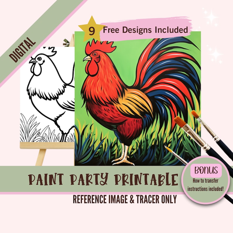 Pre Drawn Rooster Canvas Sip and Paint Kit, Farm Animal Paint Party ...