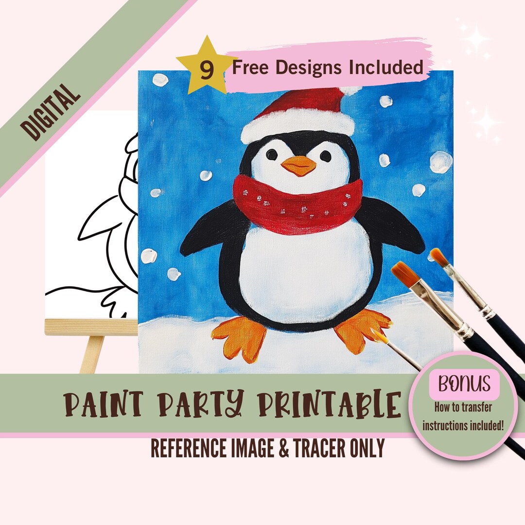 Winter Penguin Sip and Paint Downloadable Stencil Art, DIY Acrylic ...