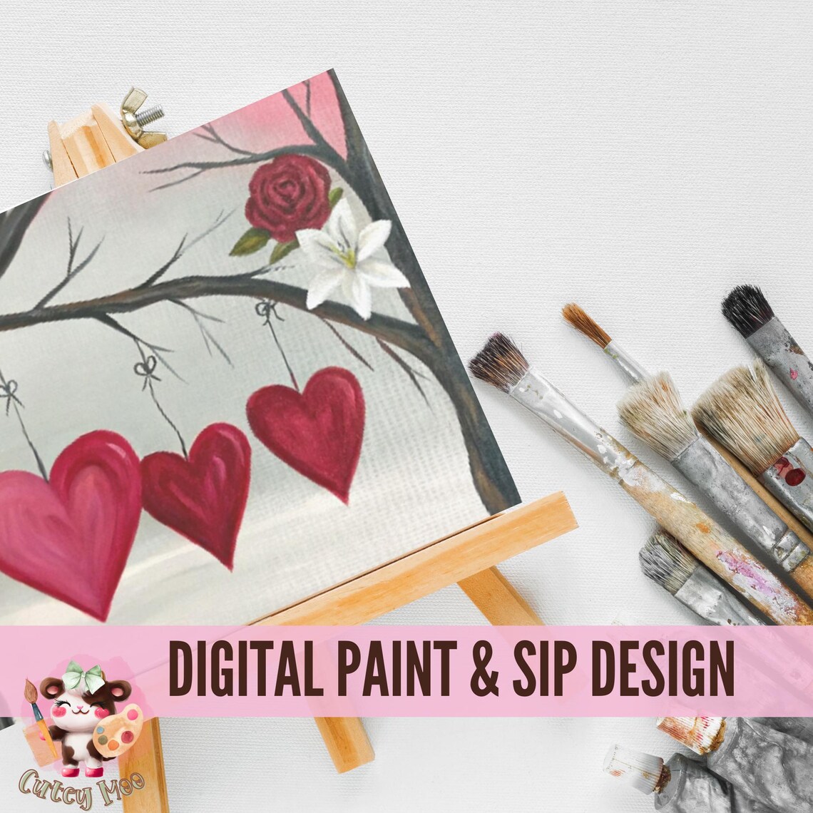 Hanging Hearts Paint Party Printable, Valentine Canvas Art Template ...