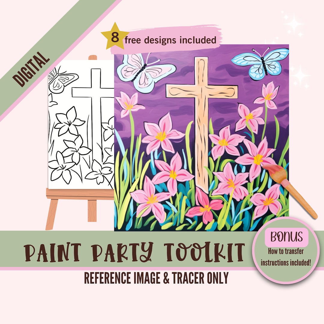 Sip and Paint Canvas Kit - Pre Drawn Cross With Flowers and Butterflies ...