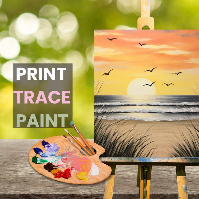 Sunset Beach Landscape Painting Party Printable, Sublimation Tracer ...