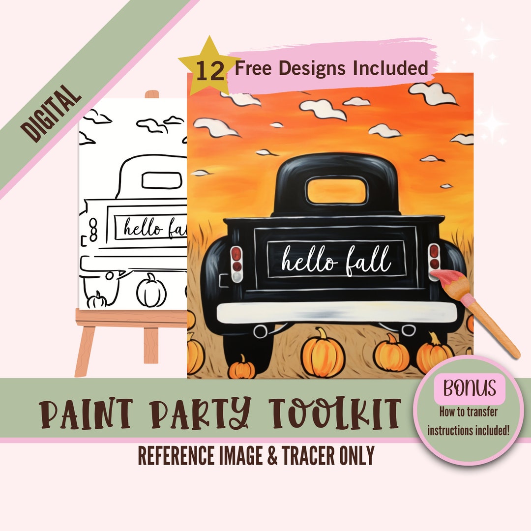 Hello Fall Pumpkin Farmhouse Truck Painting Party Printable, PNG Tracer ...