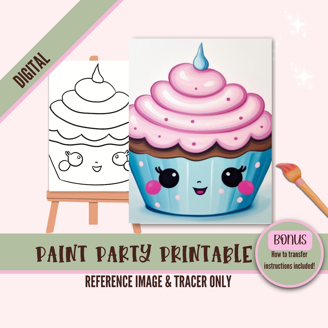 Kawaii Cupcake DIY Sip N Paint Canvas Print Instant Digital Download ...