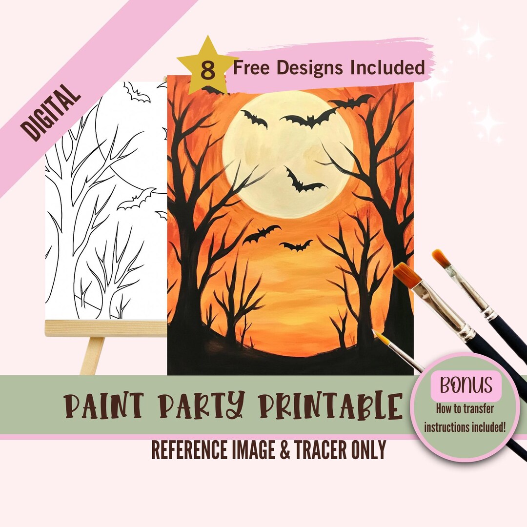 Bat Full Moon Paint Party Printable, Halloween DIY Painting Kit for ...