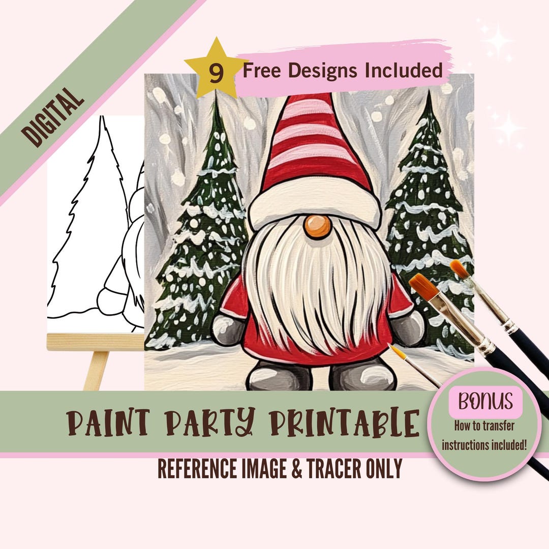 Christmas Gnome Paint Party Printable, Holiday Canvas Art Template ...