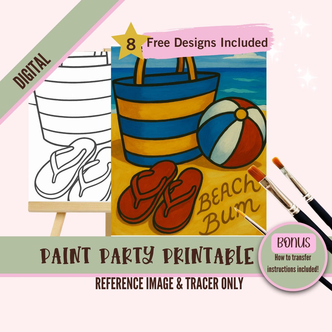 Summer Beach Bum Art Painting Party PNG Tracer, Vacation DIY Pre-drawn ...
