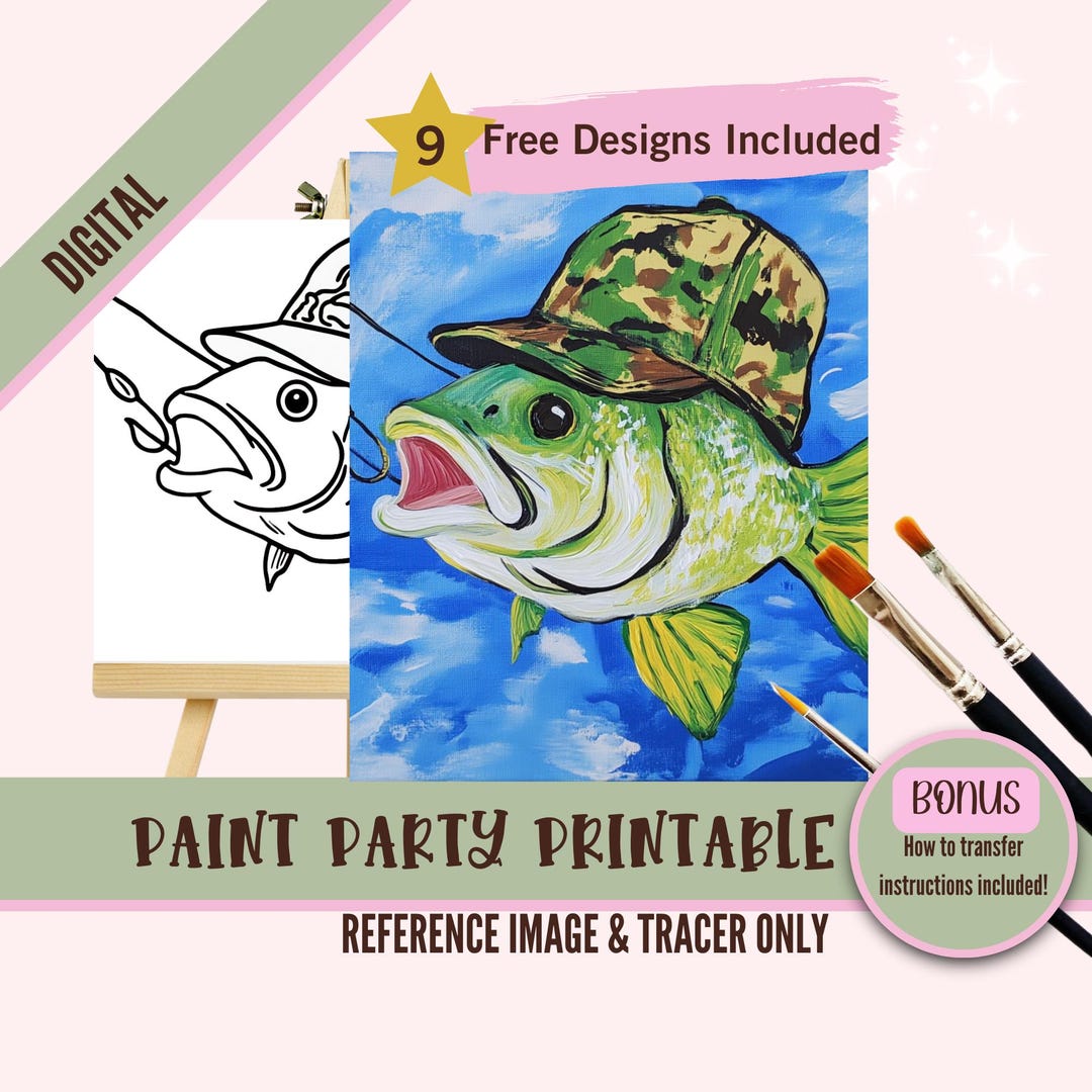 Bass Fish Sip and Paint Party Kit Canvas, Pre Drawn Fisherman Template ...