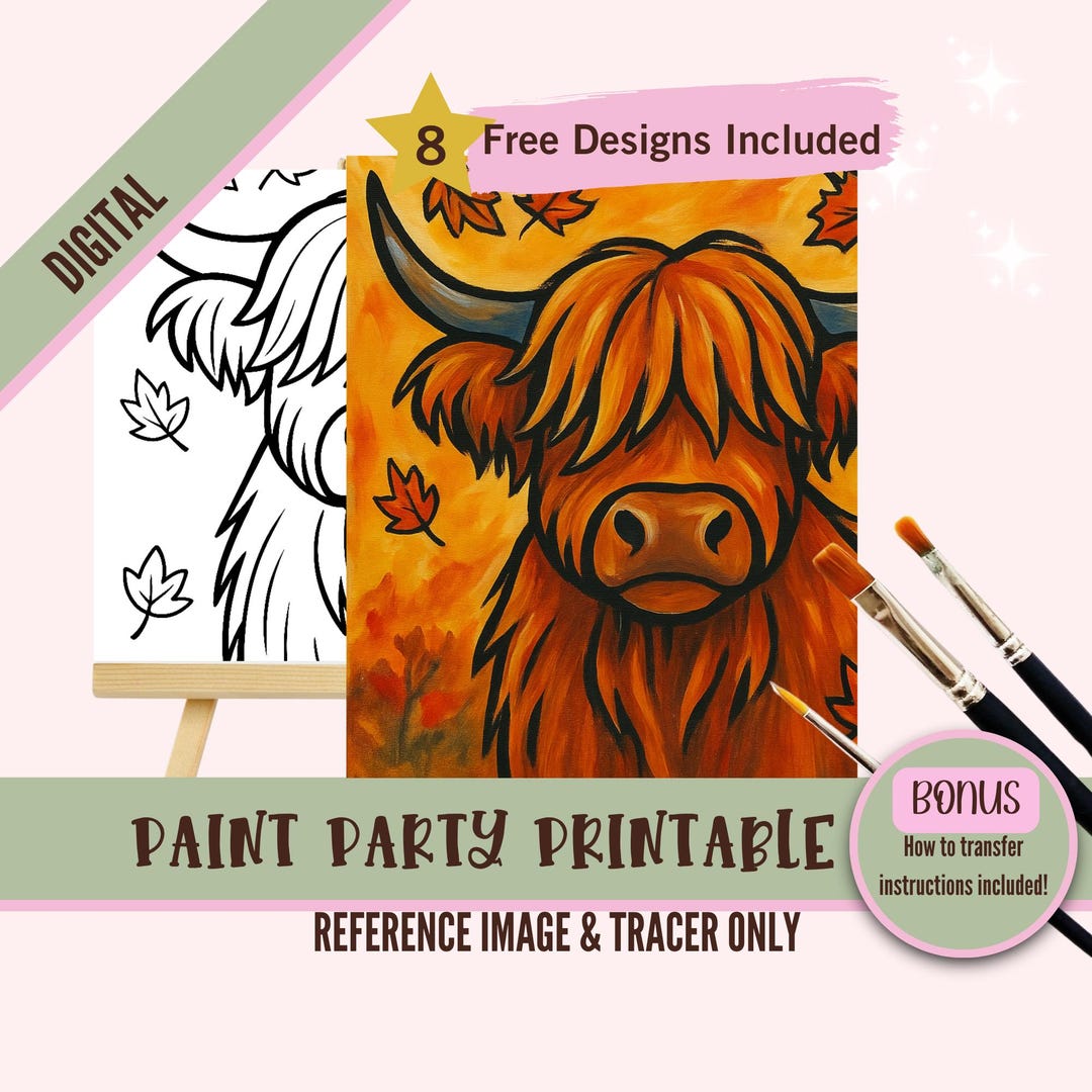 Cute Highland Cow Paint Party Printable - Fluffy Scottish Cow With ...