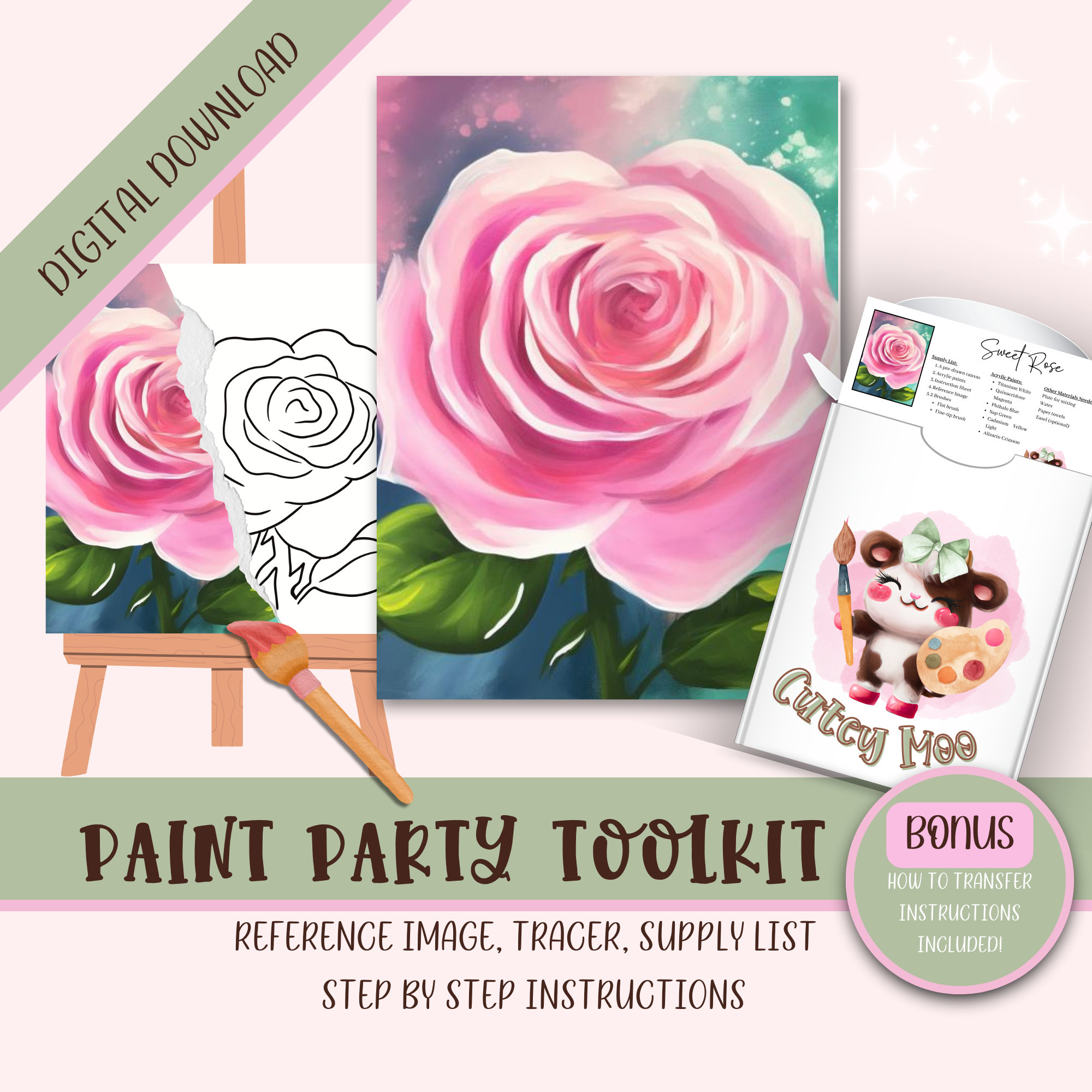 Paint Party Printable Flower Girl, Boho Flower Coloring Page, Pink Rose ...