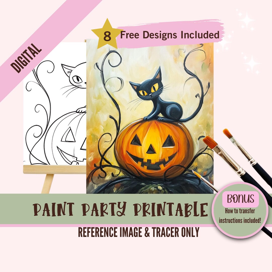 Black Cat on Pumpkin Paint Party Printable, Halloween DIY Art Kit for ...